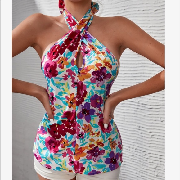Tops | Boho Floral Print Wrap Cross Front Backless Halter Top Blouse ...